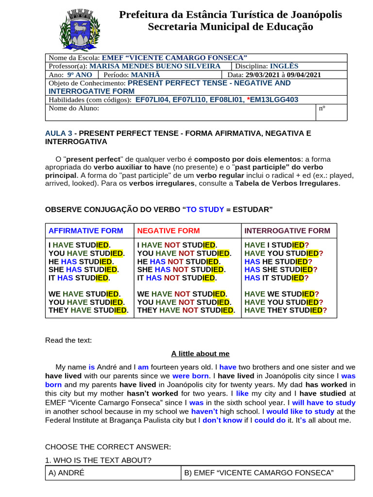 Aula 3 - Present Perfect Tense - Neg. - Affirmative Form | PDF