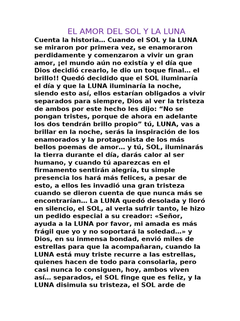EL AMOR DEL SOL Y LA LUNA Cuenta La Historia | PDF