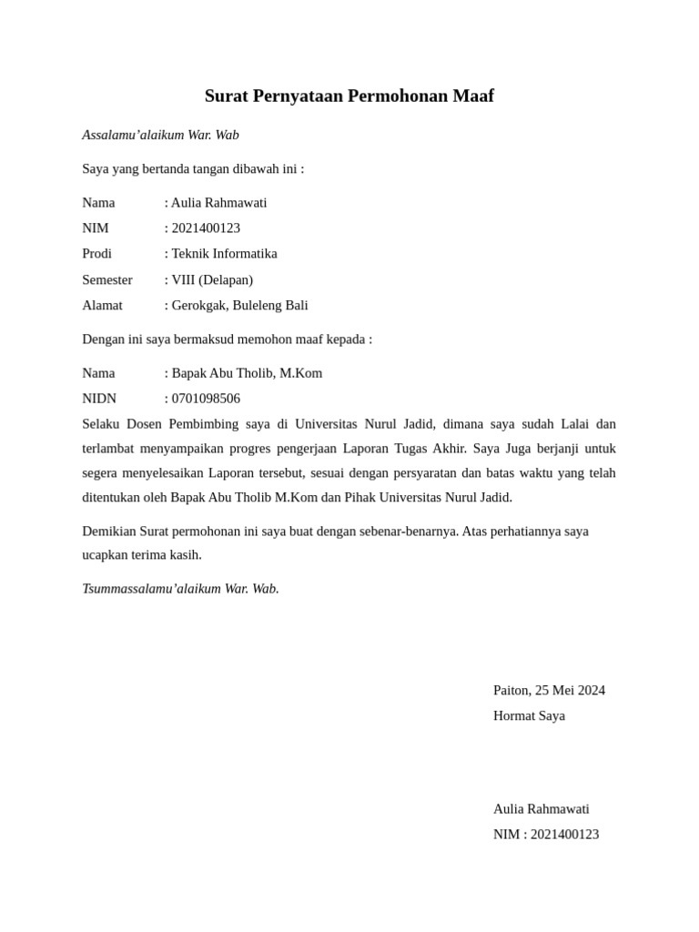 Surat Pernyataan Permohonan Maaf | PDF