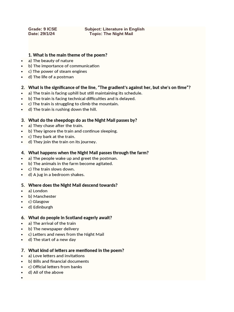 The Night Mail MCQ | PDF