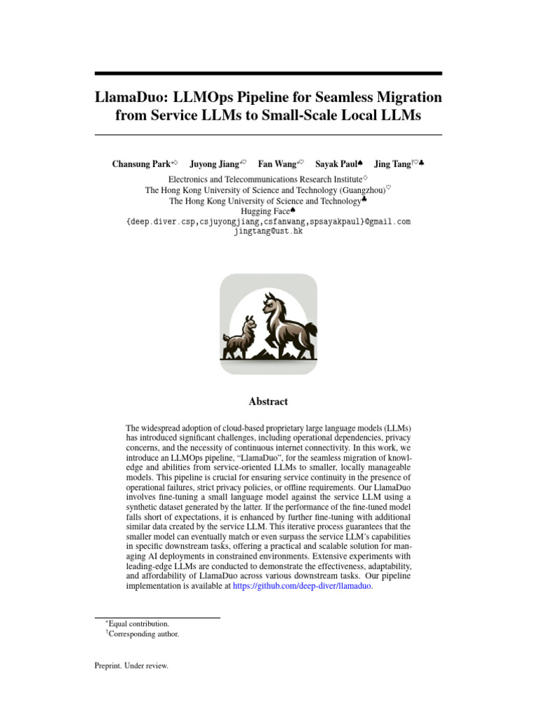 LlamaDuo - LLMOps Pipeline For Seamless Migration From Service LLMs To Small-Scale Local LLMs | PDF
