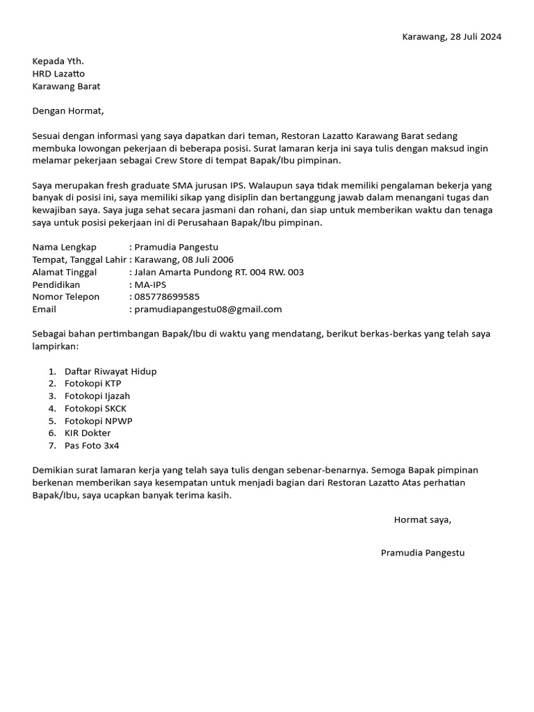 CV & Lamaran Pekerjaan Pramudia Pangestu - Compressed | PDF