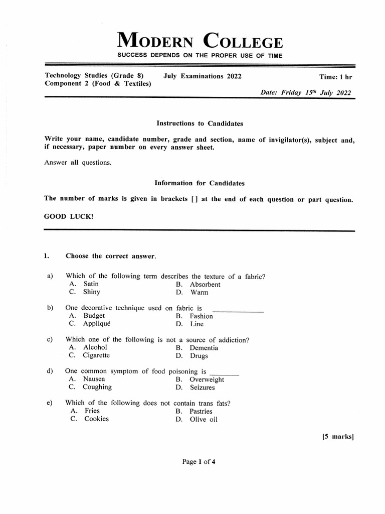 Technology Studies Comp.2 (Food & Textiles) | PDF
