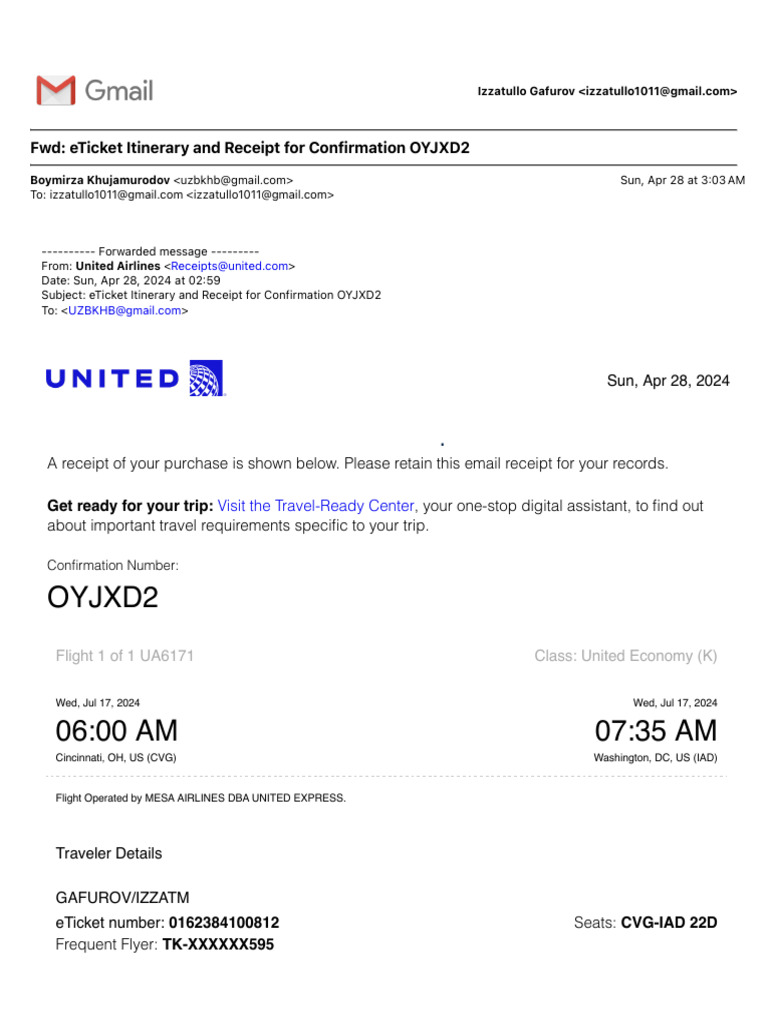 FWD - ETicket Itinerary and Receipt For Confirmation OYJXD2 | PDF