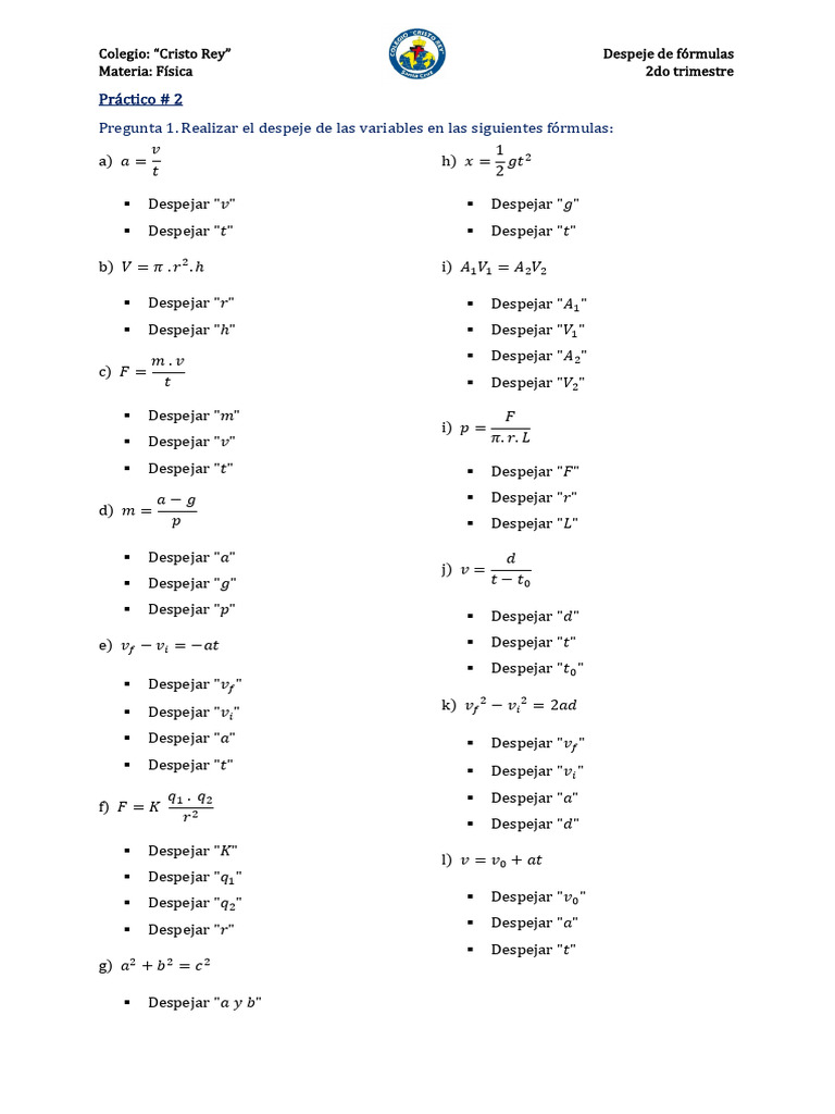 Práctico # 2 - Despeje de Fórmulas | PDF