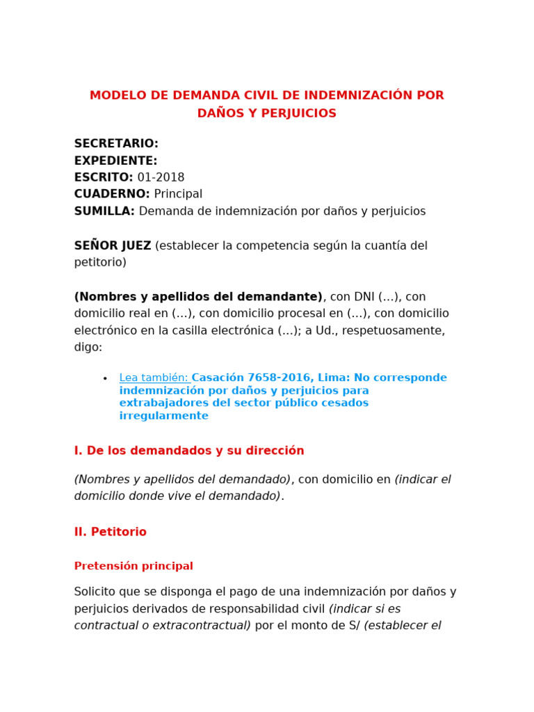 Modelo de Demanda Civil de Indemnización Por Daños y Perjuicios | PDF ...
