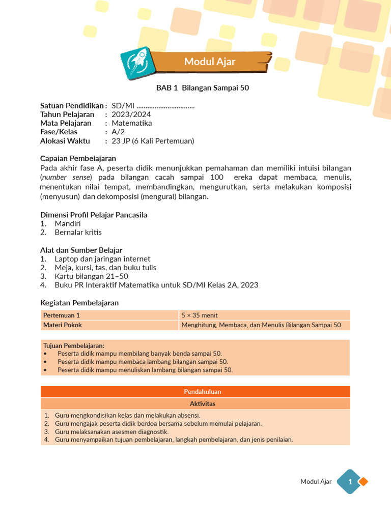 Modul Ajar PR Matematika 2A 2023-2024 Bab 1 | PDF