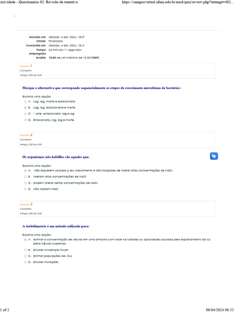 Atividade - Questionário Unid. 02 - Microbiologia | PDF