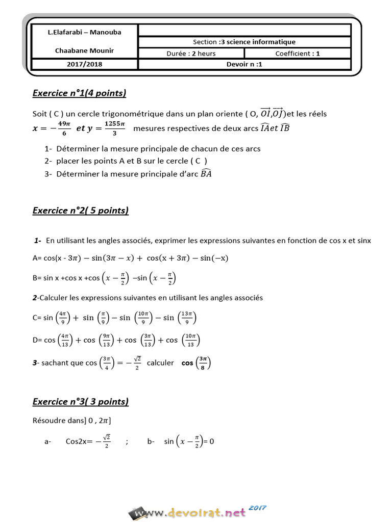 Devoir de Contrôle N°1 - Math - 3ème Informatique (2017-2018) MR ...