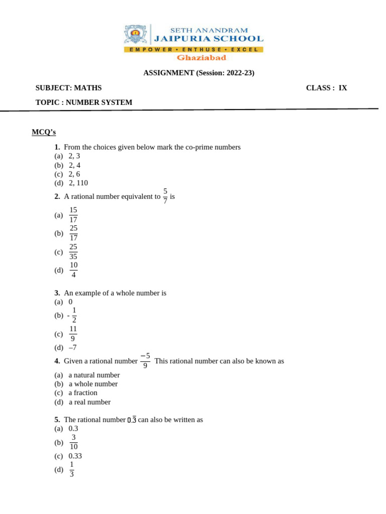 GZB - Ix - WS1 - Maths - CH - 1 - Number System - April - Divya Anuj - 22-23 | PDF