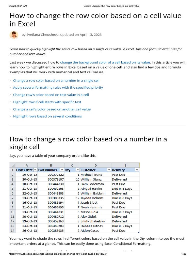 Excel - Change The Row Color Based On Cell Value | PDF