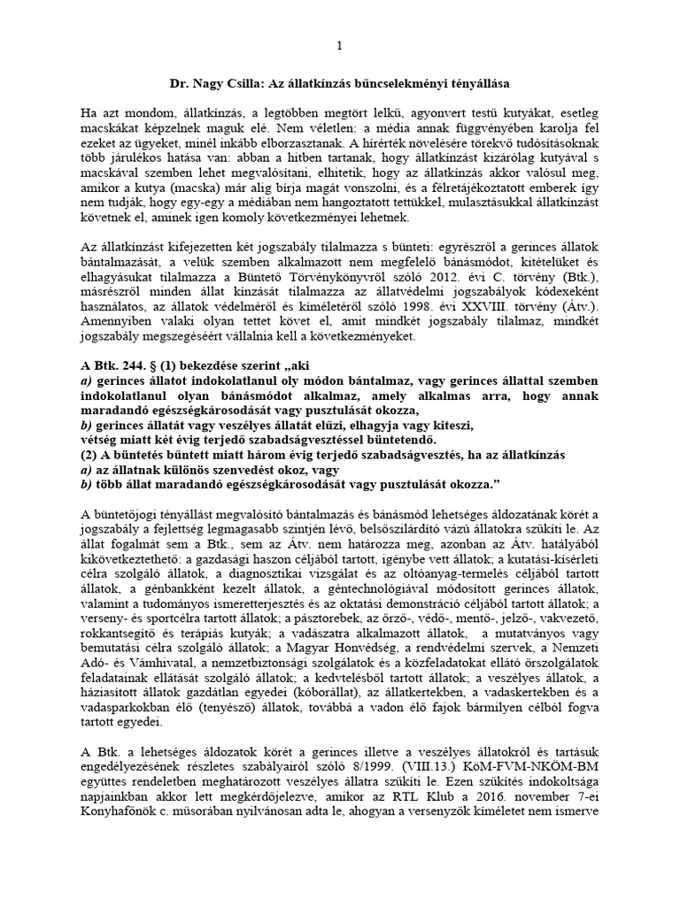 Dr. Nagy Csilla: Az Állatkínzás Bűncselekményi Tényállása | PDF