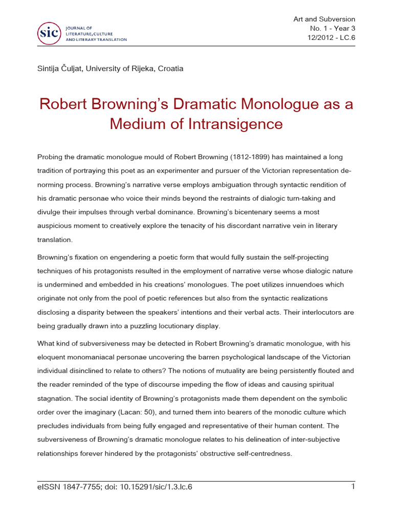 Robert Browning's Dramatic Monologue As A Medium of Intransigence | PDF