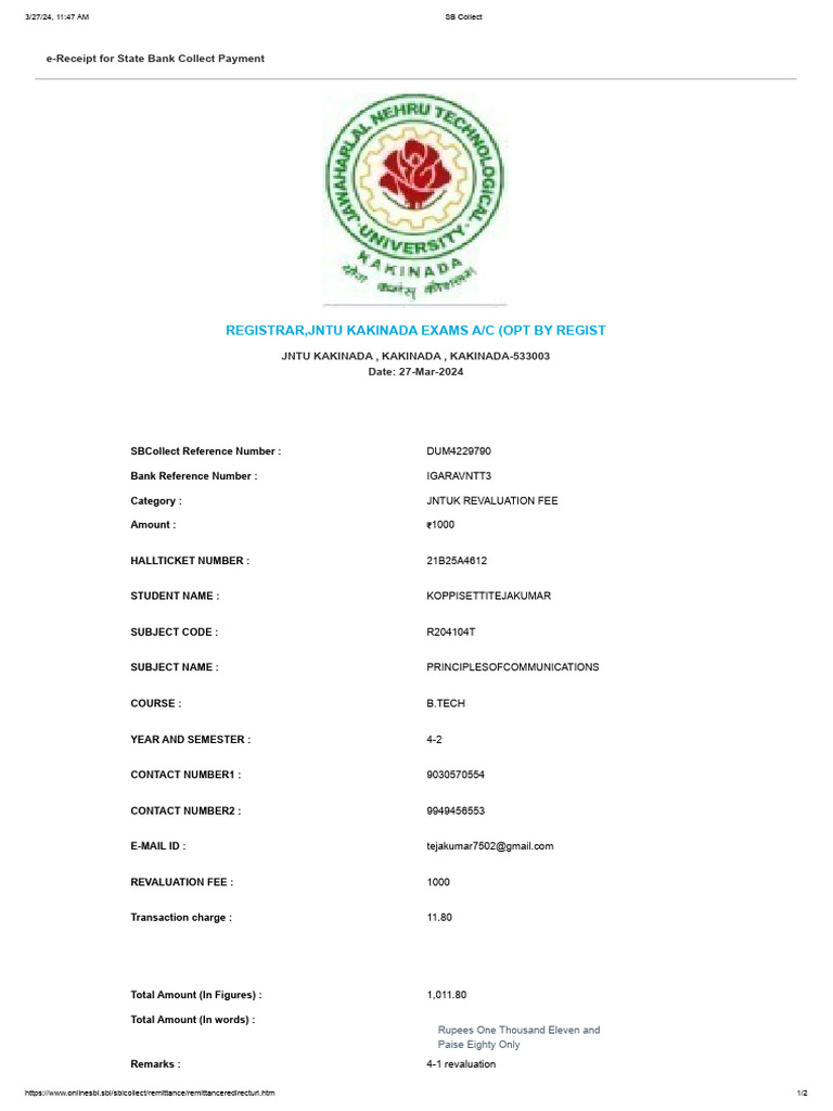 Registrar, Jntu Kakinada Exams A/C (Opt by Regist: E-Receipt For State ...