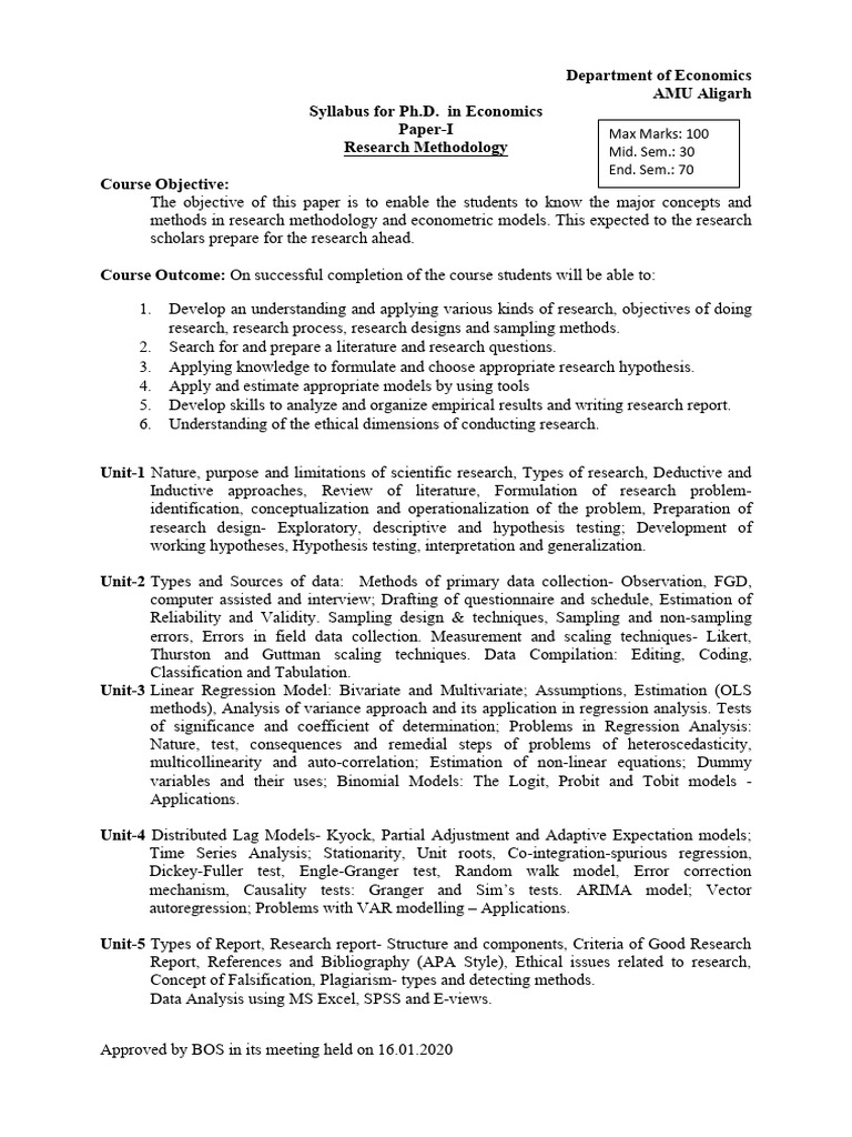 Department of Economics AMU Aligarh Syllabus For Ph.D. in Economics Paper-I Research Methodology ...