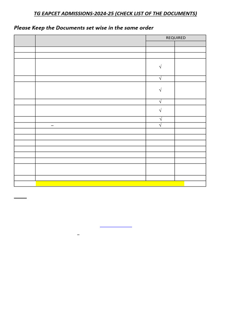 Documents Check List For Students | PDF