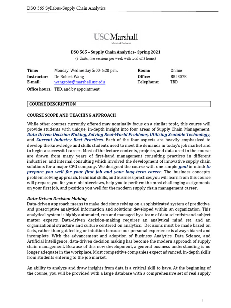 Course Description Course Scope and Teaching Approach: DSO 565 - Supply ...