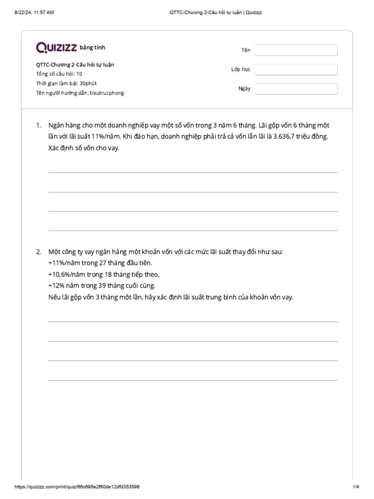 QTTC-Chương 2-Câu Hỏi Tự Luận - Quizizz | PDF