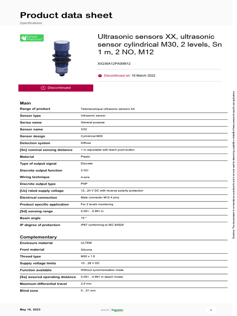 Ultrasonic Sensors XX - XX230A12PA00M12 | PDF