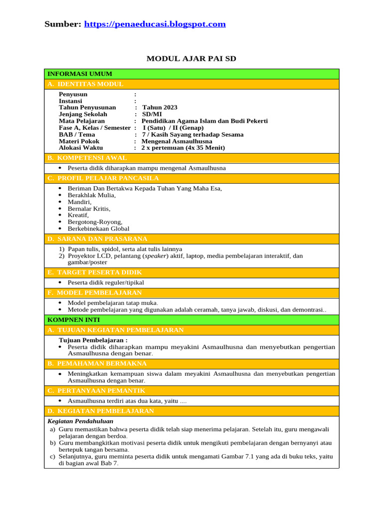 Modul Ajar PAI BAB 7 Kurikulum Merdeka, Kelas 1 Fase A | PDF
