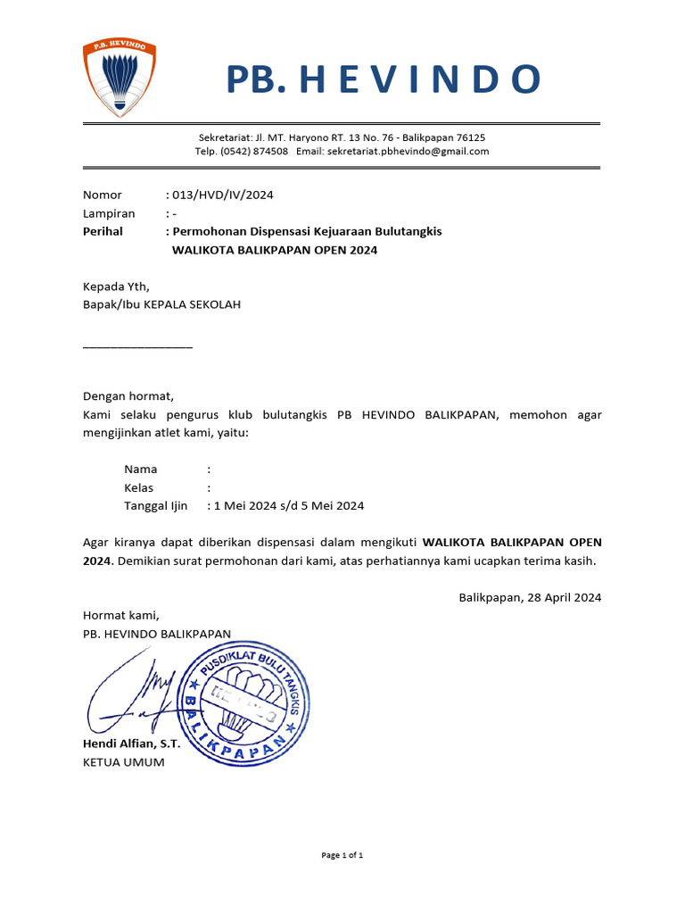 013.HVD - IV.2024 - Permohonan Dispensasi WALIKOTA BALIKPAPAN OPEN 2024 - 280424 | PDF