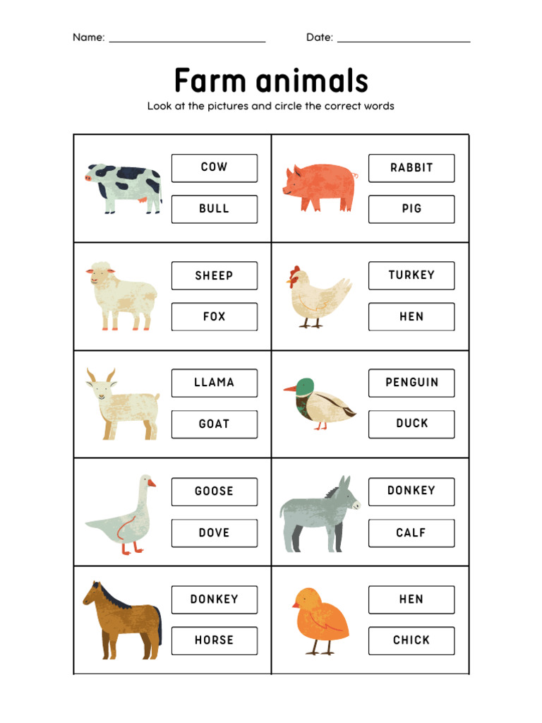 Farm Animals Vocabulary Worksheet | PDF