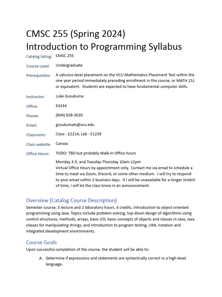 CMSC 255 Syllabus Gusukuma SP 2024 | PDF