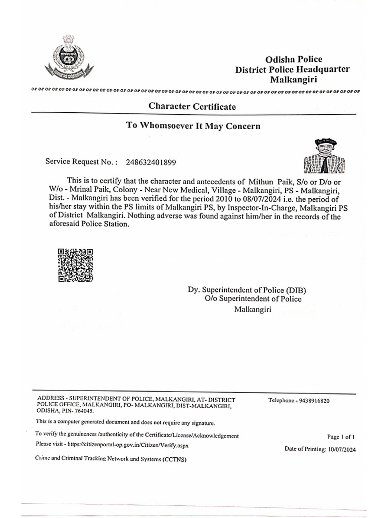 Character Certificate | PDF