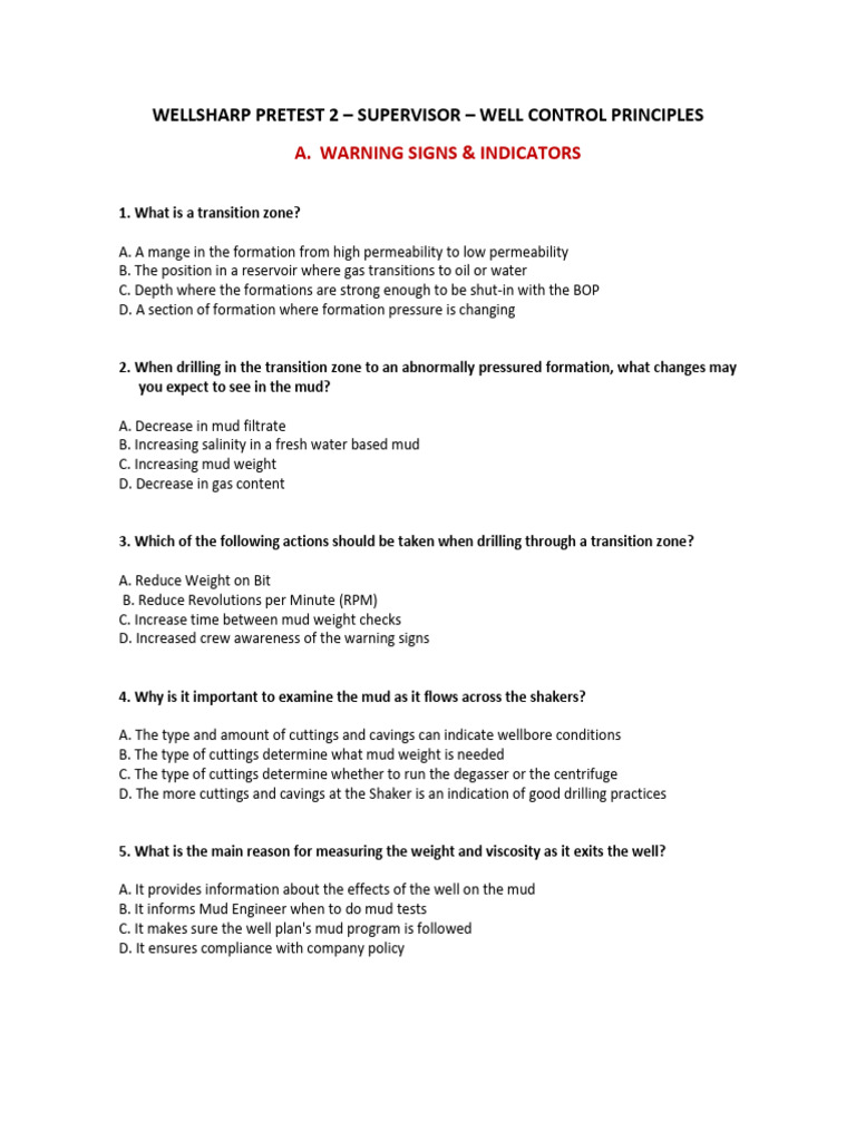 WELLSHARP PRETEST 2 - SUPERVISOR - WELL CONTROL PRINCIPLES (Warning ...