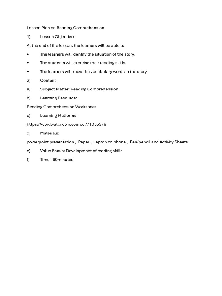 Reading Lesson Plan | PDF