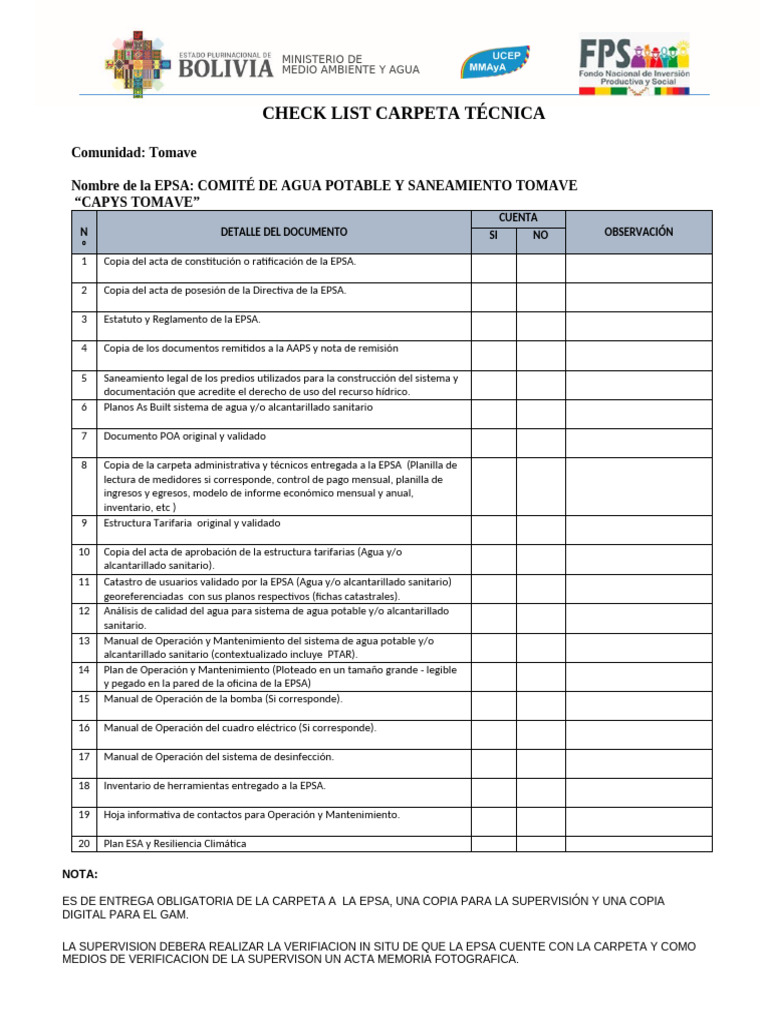 Check List Carpeta Tecnica MiAgua V - BEI FINAL | PDF