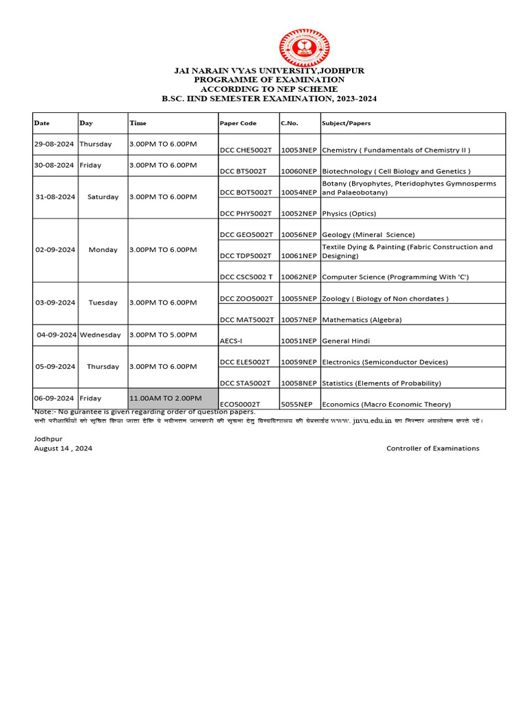 Jai Narain Vyas University, Jodhpur Programme of Examination According ...
