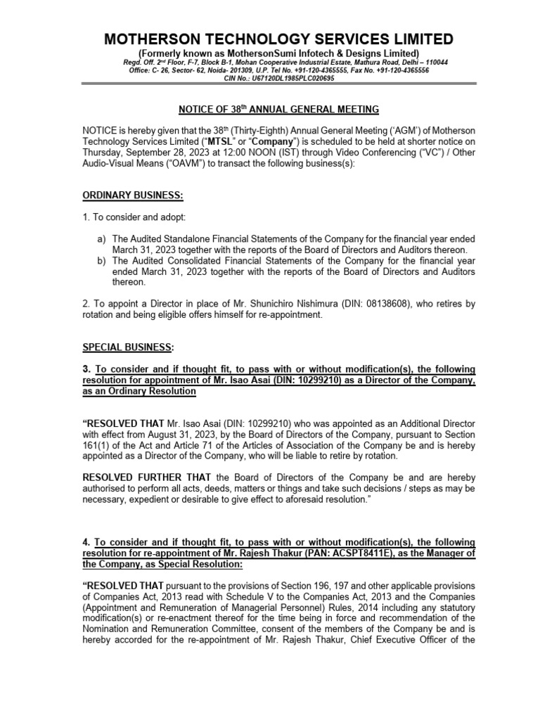 Notice of Agm 2023 | PDF