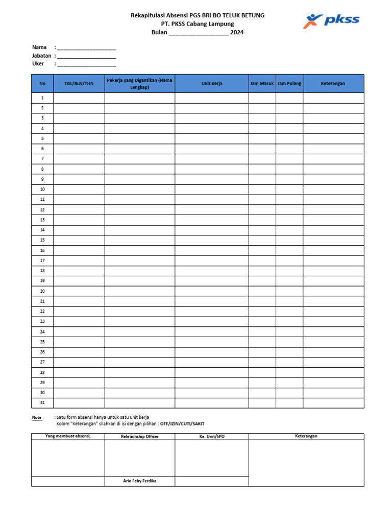 Absensi PGS BRI BO TELUK BETUNG | PDF