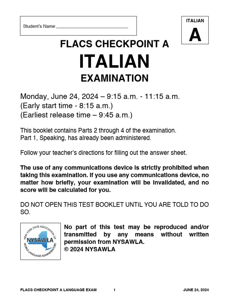 Italian FLACS Checkpoint A Exam 2024 | PDF