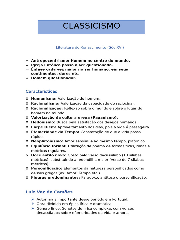 Classicismo - Resumo Completo | PDF