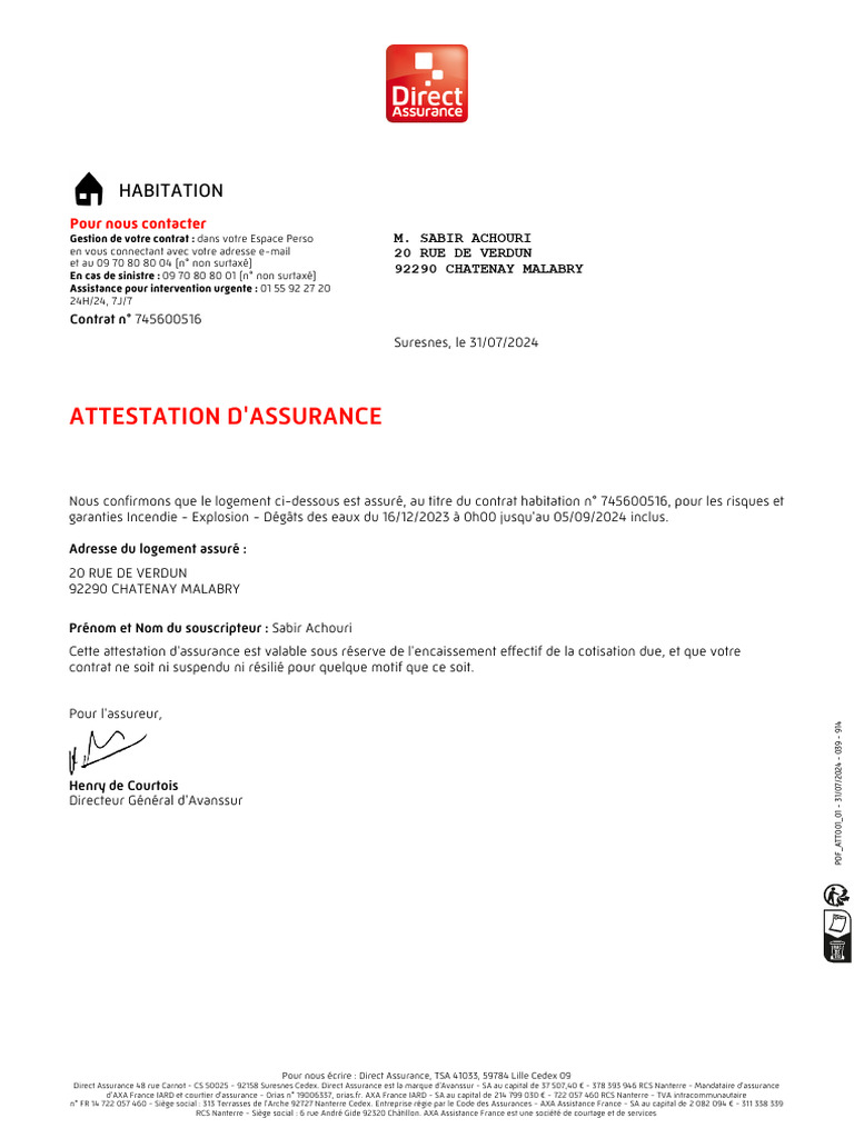 Attestation D'Assurance: Habitation | PDF