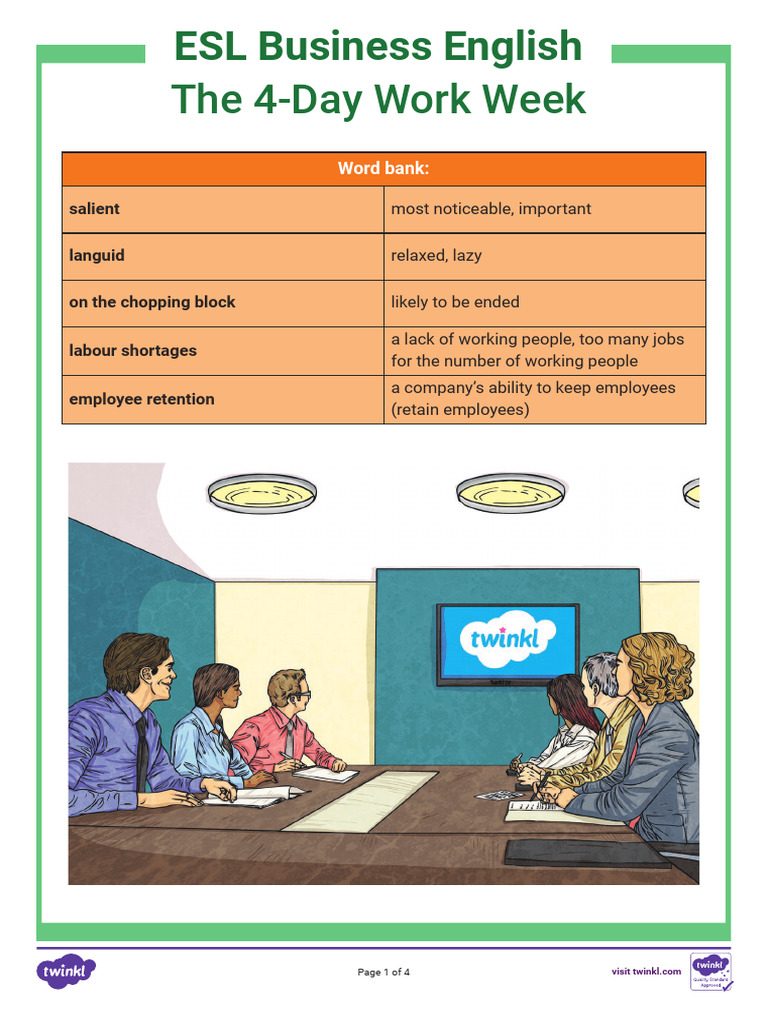 T 1678970741 Esl Business English Reading Comprehension 4 Day Workweek ...