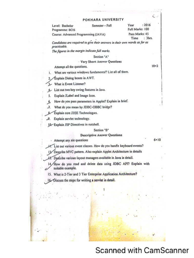 Question Bank of Advance Programming in Java (Pokhara University) | PDF