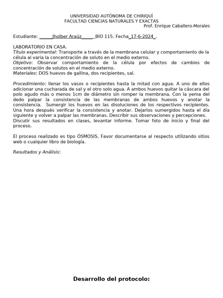 EXPERIMENTO DE MEMBRANA CELULAR BIO 115 Farmacia de Jholber Araúz | PDF