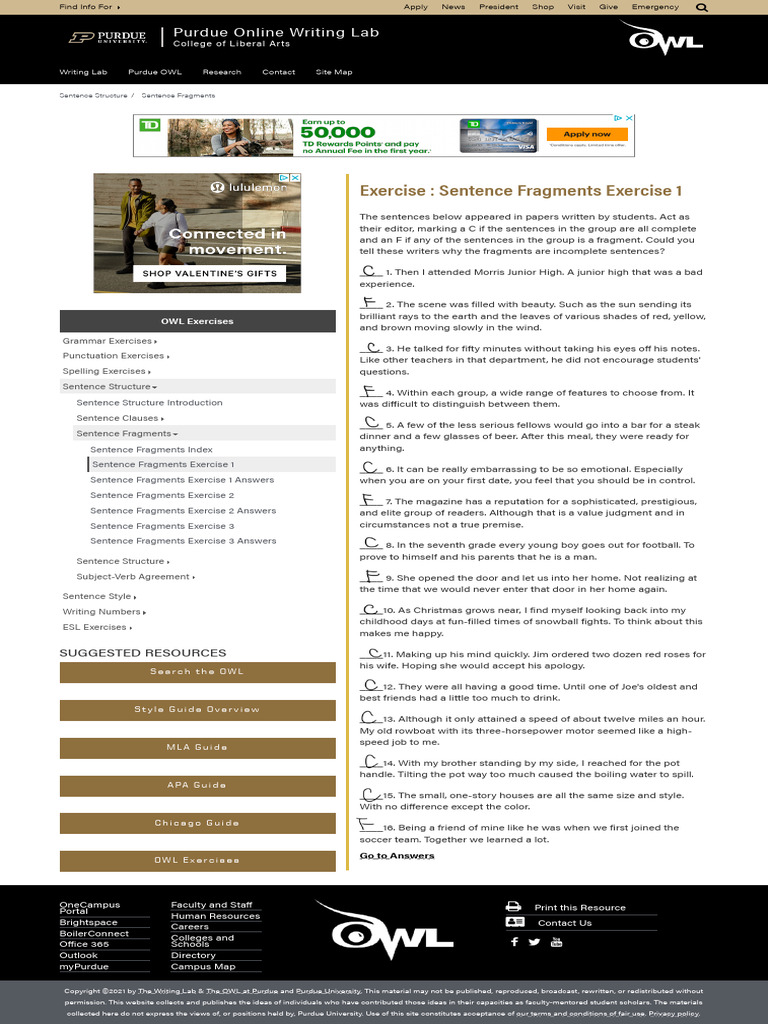 Sentence Fragments Exercise 1 Purdue Writing Lab | PDF
