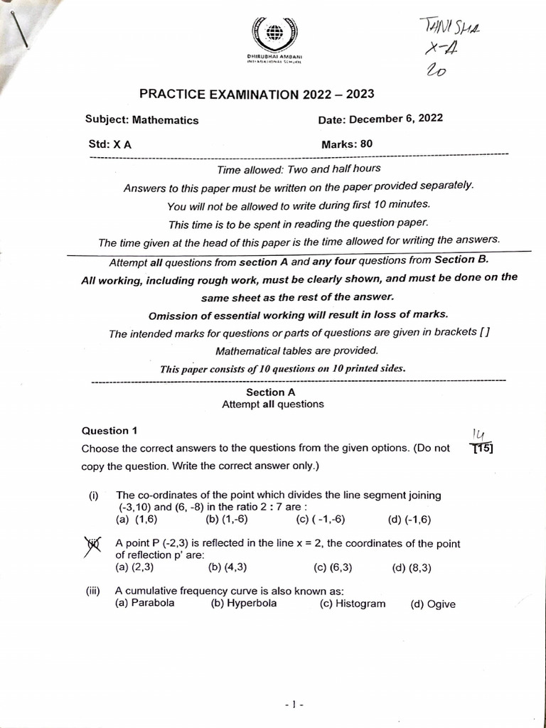 Dhirubhai Ambani Practice Maths Paper 2023 | PDF