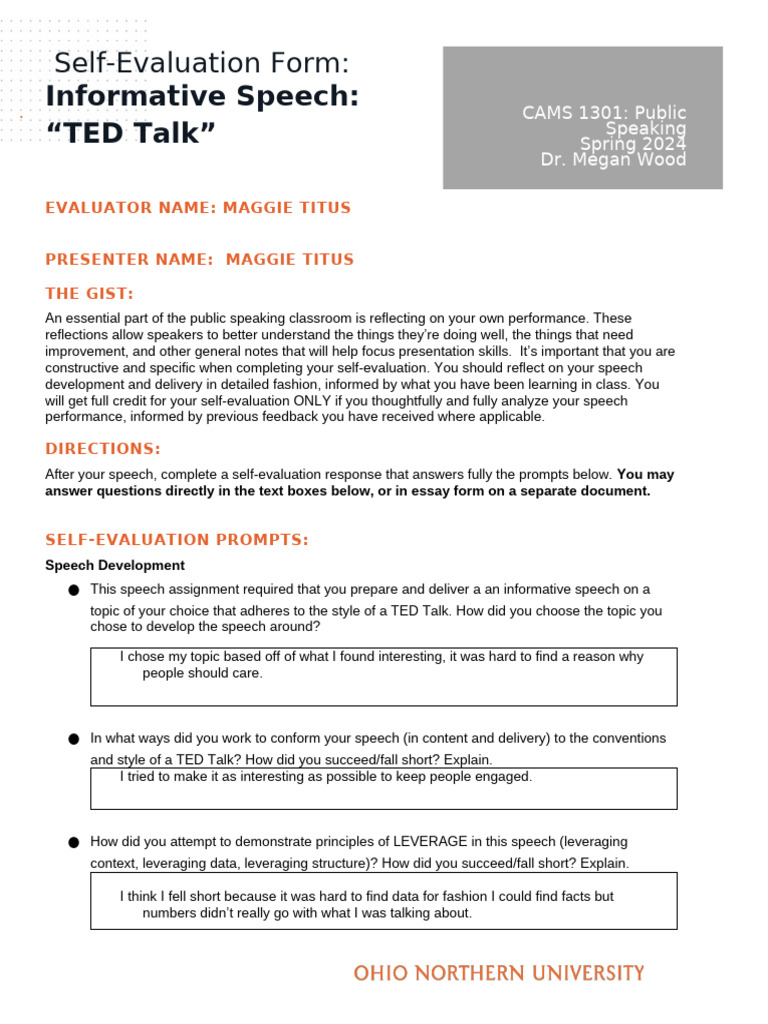Informative Speech (TED Talk) Self-Evaluation Form | PDF