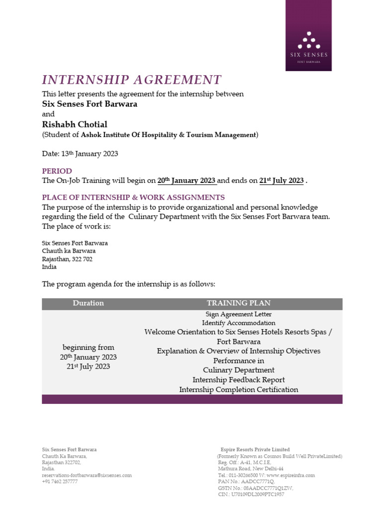 INTERNSHIP AGREEMENT-Rishabh Chotiyal | PDF | Working Time | Employment