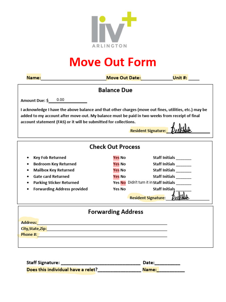 Move Out Form | PDF