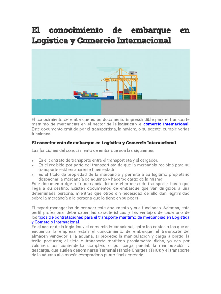 3 El Conocimiento de Embarque en Logística y Comercio Internacional | PDF