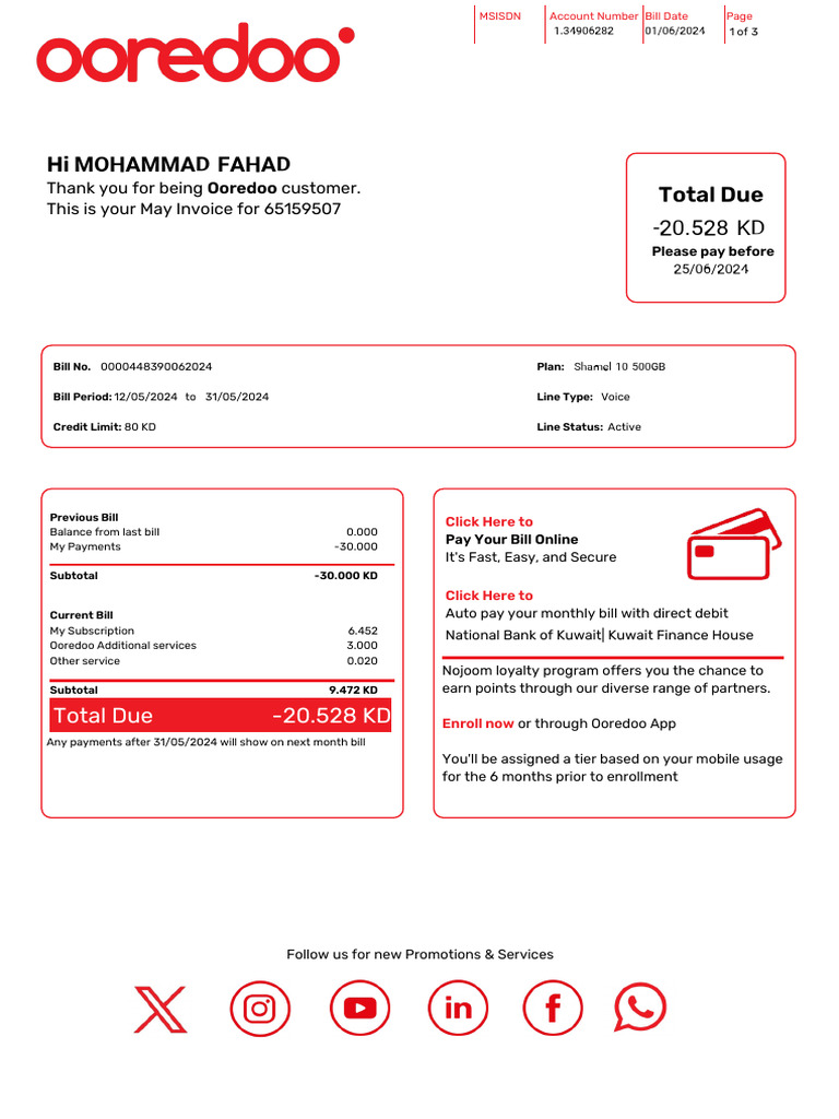 Ooredoo Kuwait - 1717856517180 - Bill | PDF