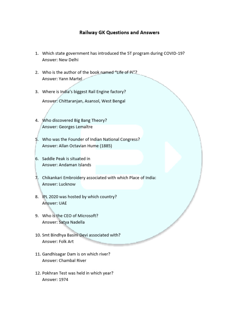 Railway GK Questions and Answers | PDF