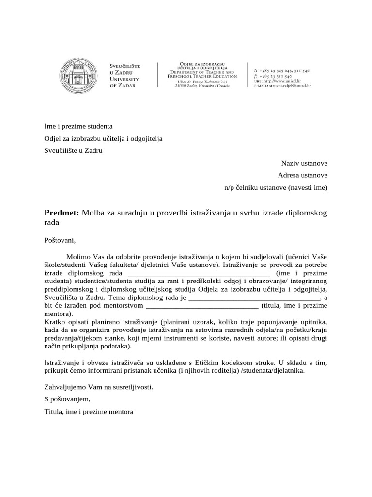 Zamolba I Suglasnosti Za Provedbu Istrazivanja | PDF