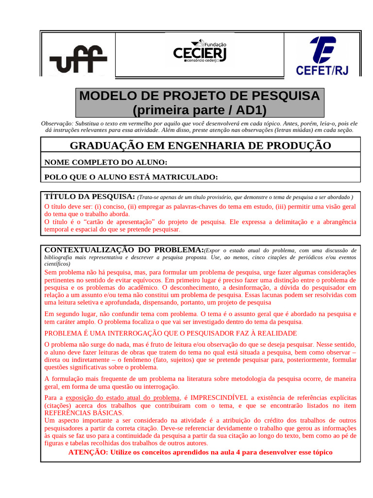 Ad1 Modelo de Projeto de Pesquisa | PDF